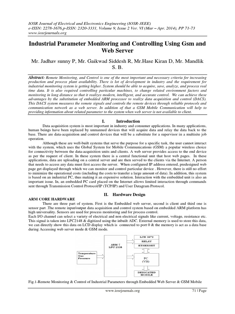 Industrial Parameter Monitoring And Controlling Using Gsm And Web Server Pdf Embedded System 
