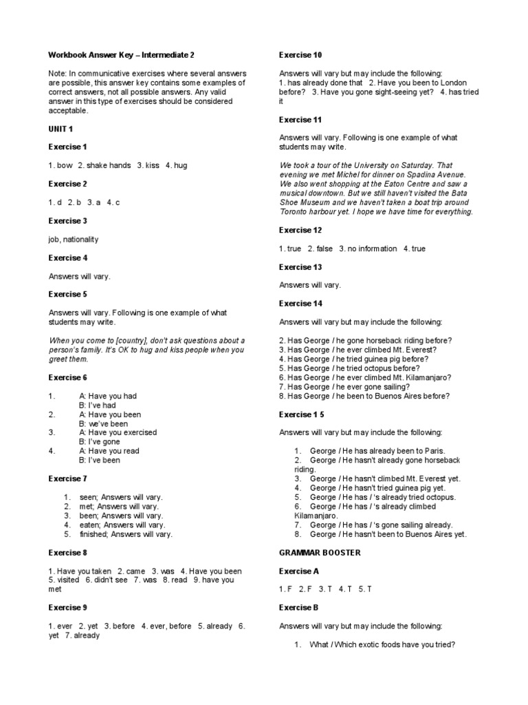 Top Notch Answer Key Inter 2 | PDF