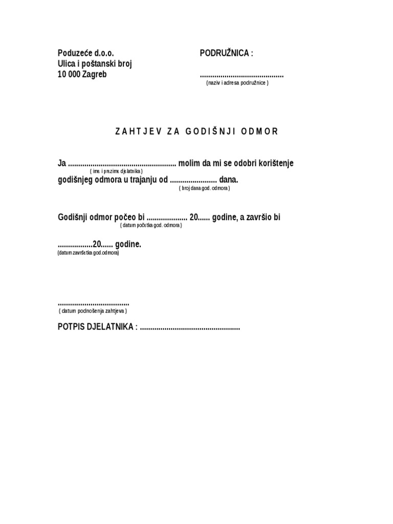 Zahtjev Za Godisnji Odmor | PDF