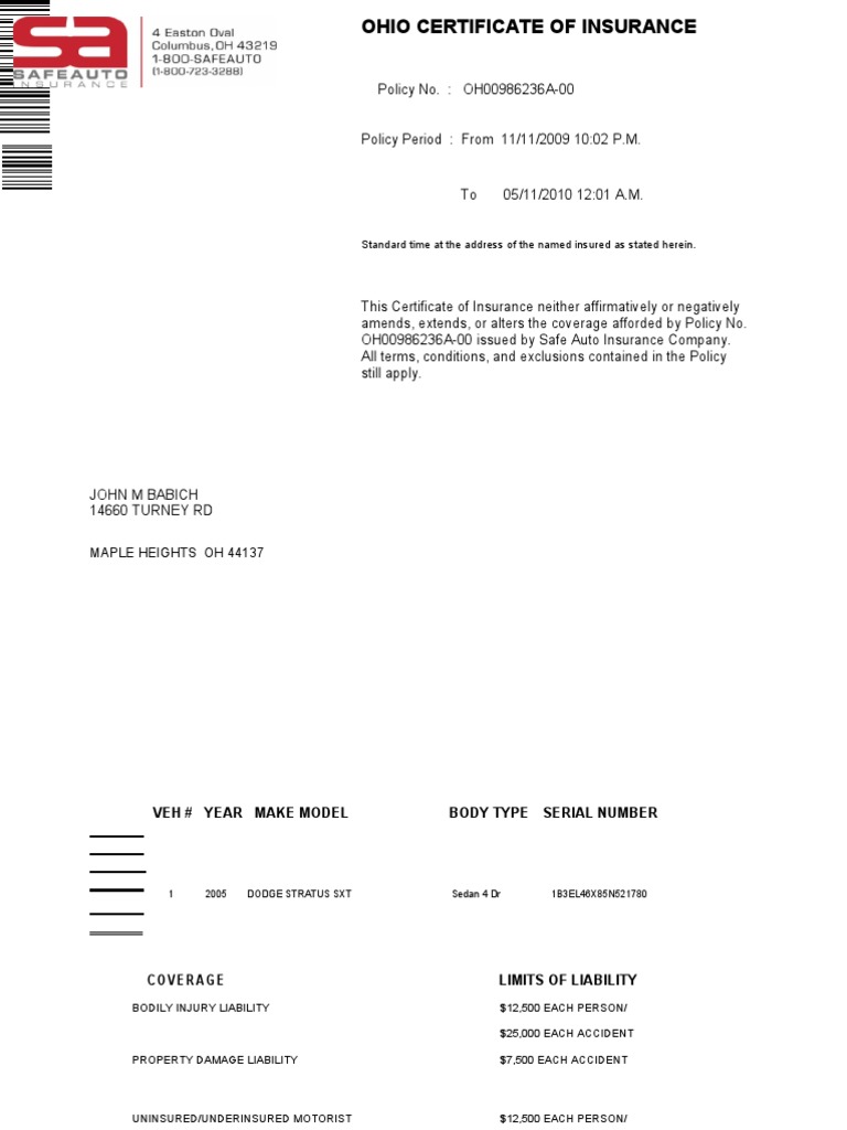 Ohio Auto Insurance Certificate Details | PDF | Vehicle Insurance ...