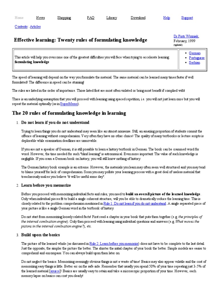 20 Rules Of Formulating Knowledge In Learning PDF Dead Sea Memory