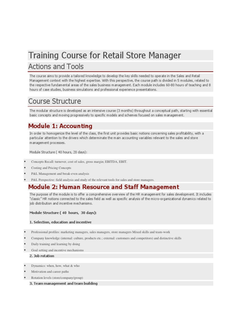 Training Course For Retail Store Manager | PDF | Modularity | Sales