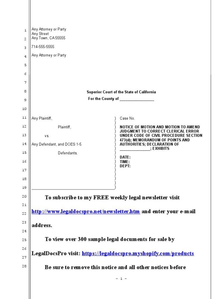 Sample Motion To Amend California Judgment To Correct Clerical Error ...