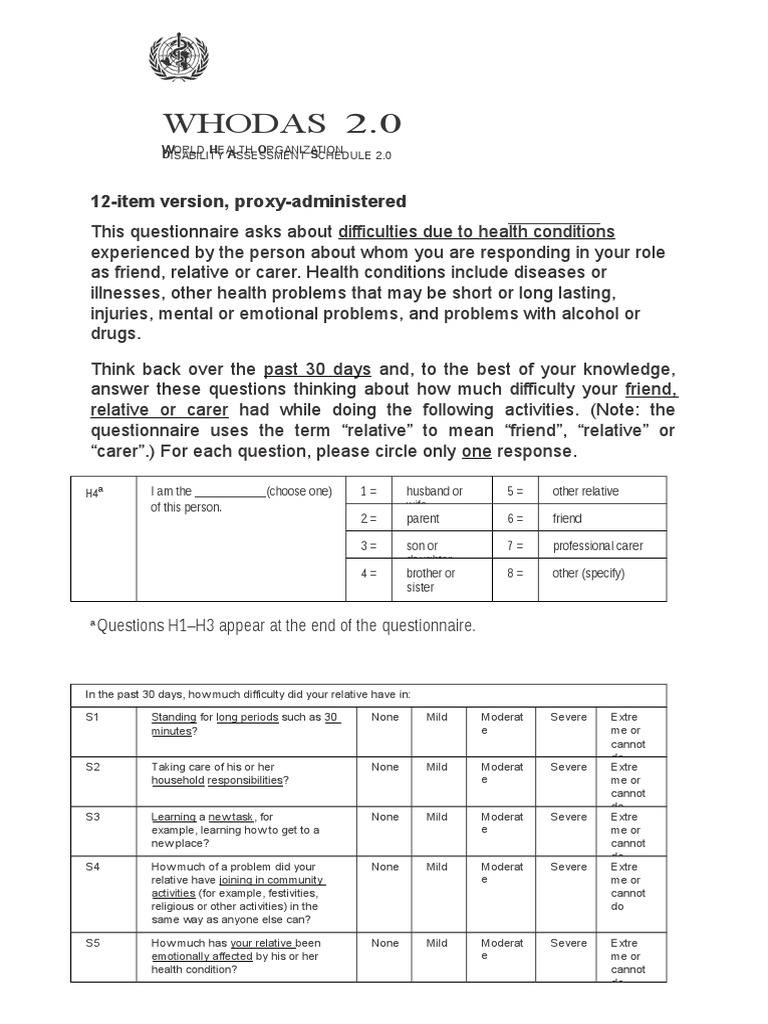Whodas 2.0 - 12 Items Proxy | PDF | Caregiver | Positive Psychology