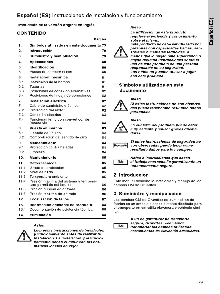 Instrucciones Instalacion y Funcionamiento - Bomba Grundfos | PDF | Bomba | Ventilador mecánico