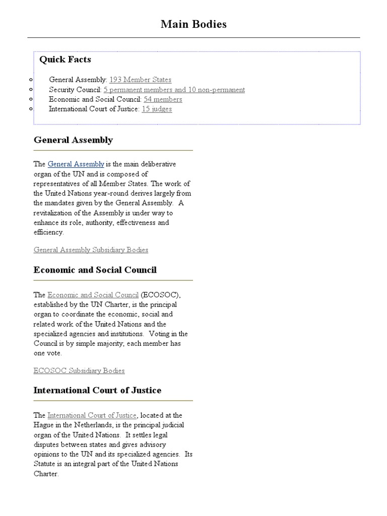 UN Main Bodies Overview | PDF | United Nations General Assembly ...