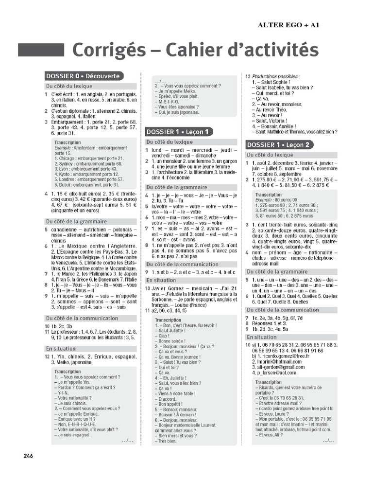 Corrigé Cahier D'activités + Transcriptions - Alter Ego + 1 | PDF