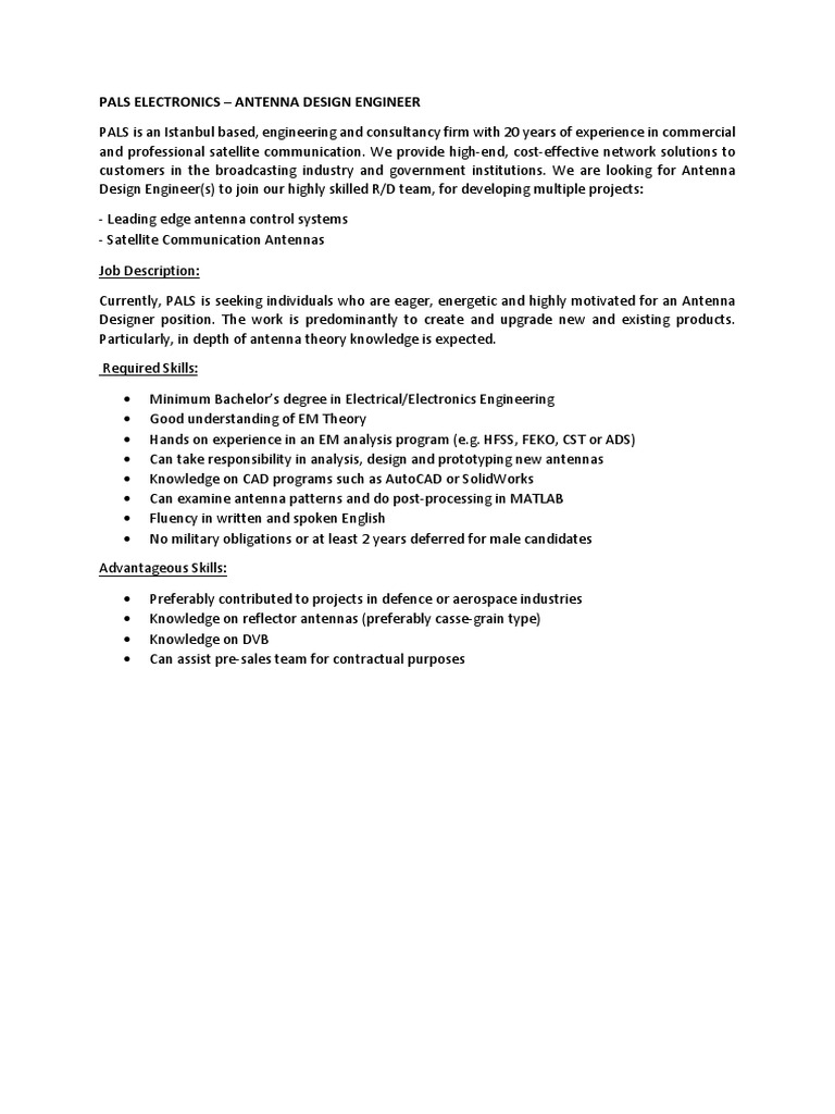 Antenna Design Engineer Position at PALS | PDF