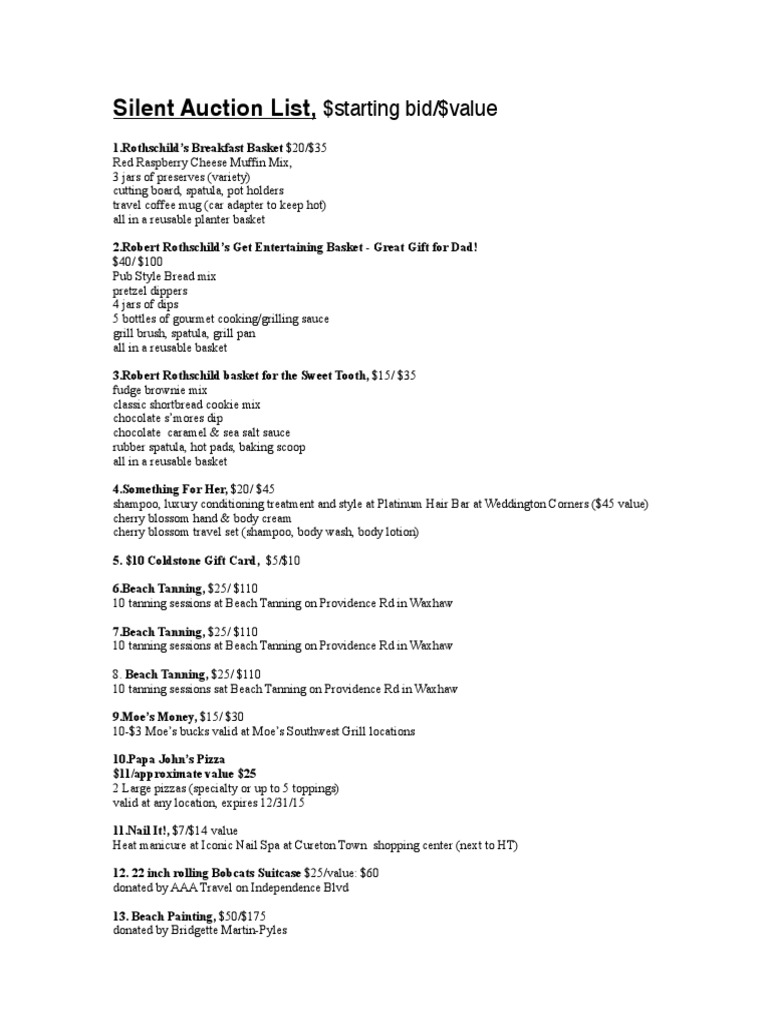 Silent Auction Item List & Bids | PDF | Cosmetics | Swimming