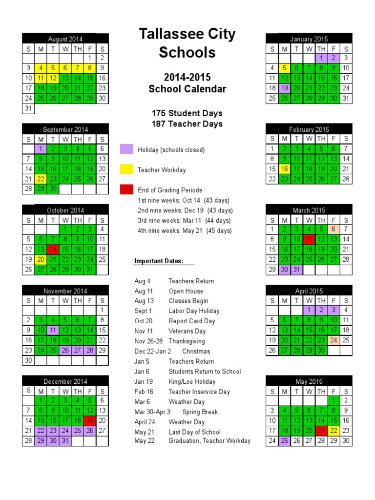 Tallassee City Schools 2014-2015 Calendar | PDF