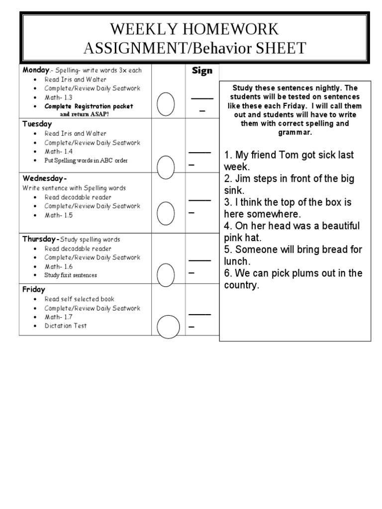 Weekly Homework Assignment/Behavior Sheet | PDF