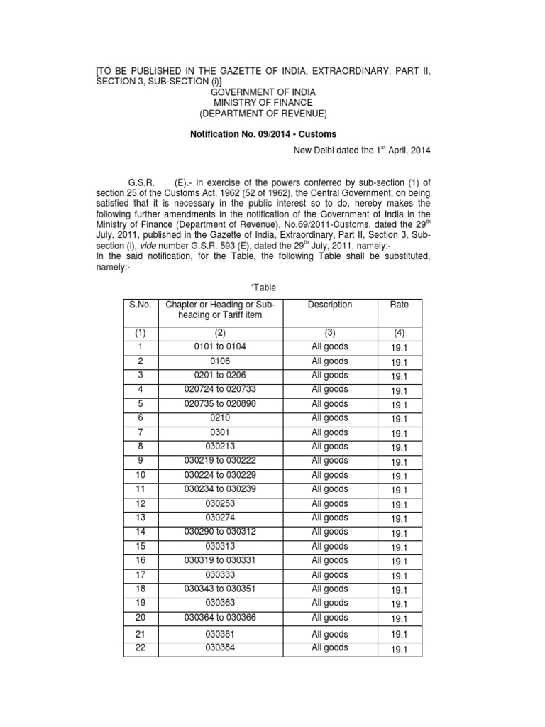 Customs Notification No.09/2014 Dated 1st April, 2014 | Government ...