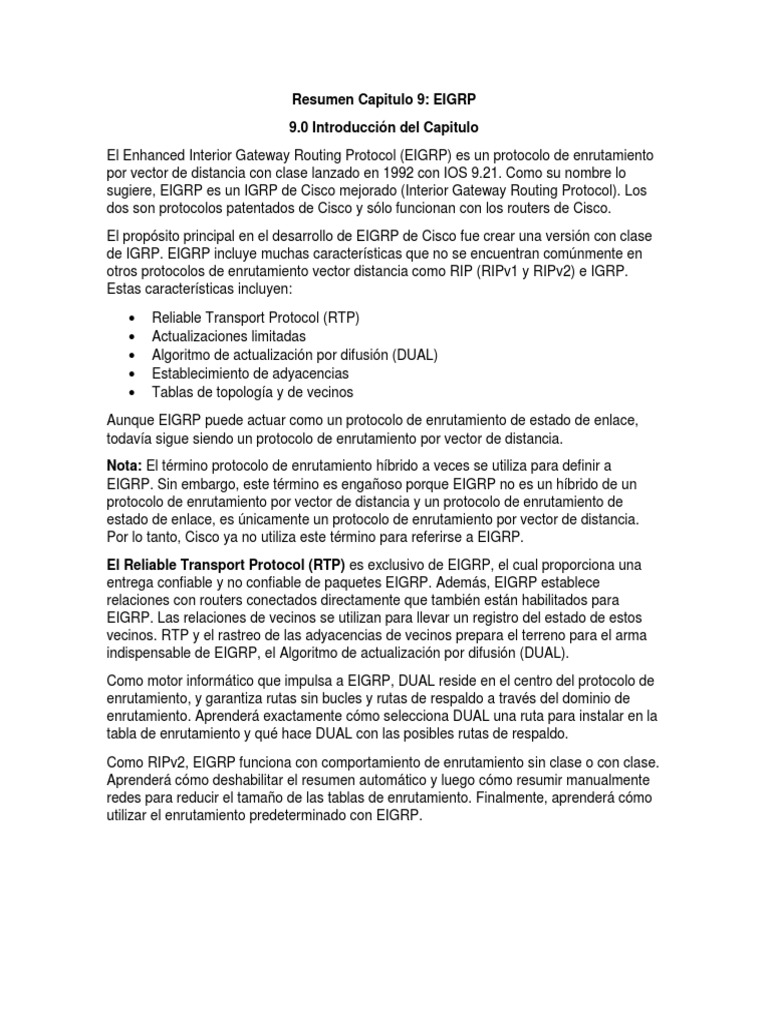Resumen Capitulo 9 - EIGRP | PDF | Enrutador (Computación) | Protocolos de internet