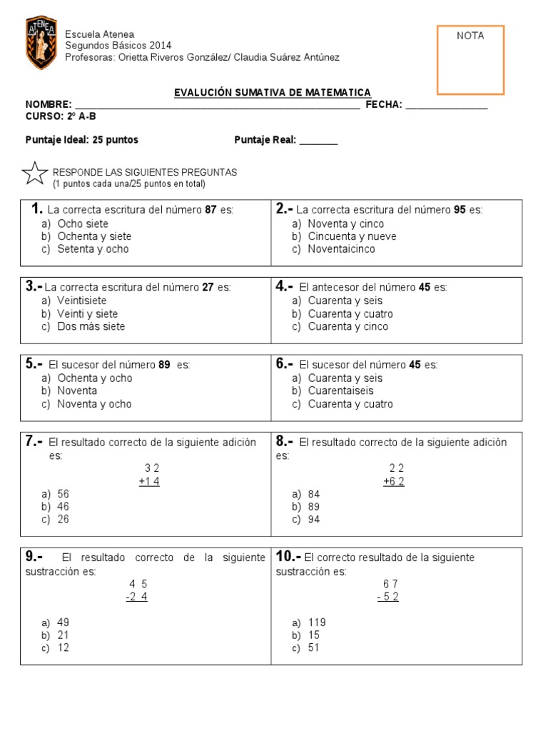 Prueba Matematica Segundo Básico[1]