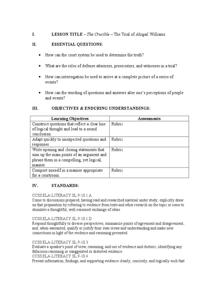 Crucible Trial Lesson Plan Sced667 Project | PDF | Witness | Reason
