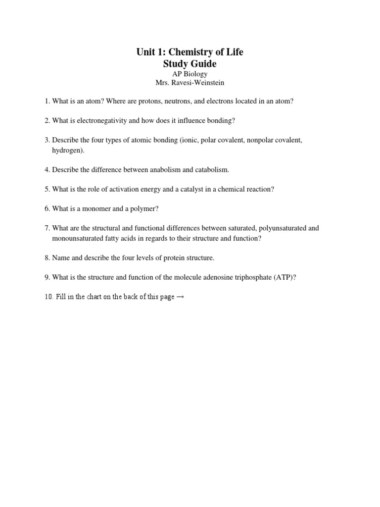 Ap - Unit 01 Chemistry of Life Study Guide | PDF