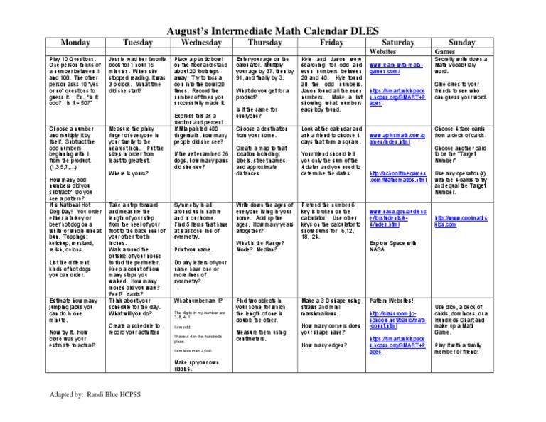 August Math Activities Calendar | PDF | Foods | Teaching Mathematics