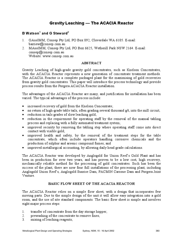 ACACIA Reactor Gold Recovery Process | PDF | Chemical Reactor | Peroxide