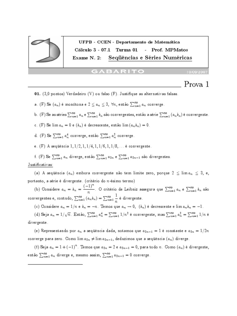 Primeira Prova EDO Ufpb | PDF | Série (Matemática) | Objetos matemáticos