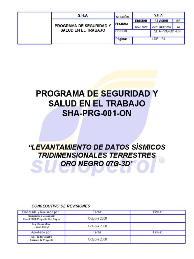 Programa de Seguridad y Salud en El Trabajo SHA-PRG-001-On | PDF | Seguridad y salud ocupacional ...