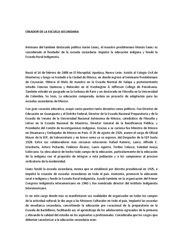 Moisés Sáenz. Creador | PDF | Educación Secundaria | Educación avanzada