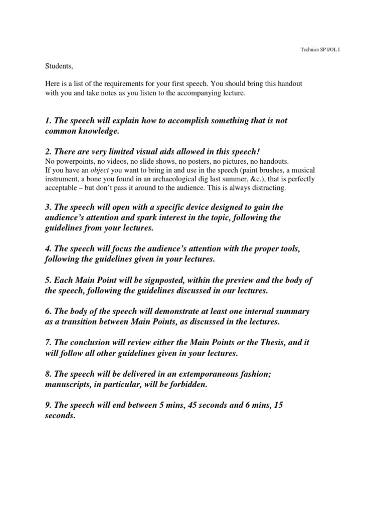 Speech Outline Requirements Guide | PDF | Lecture | Cognition