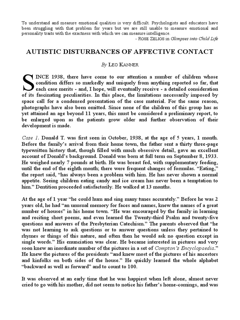 Autistic Disturbances of Affective Contact Kanner 1943 | PDF | Question ...