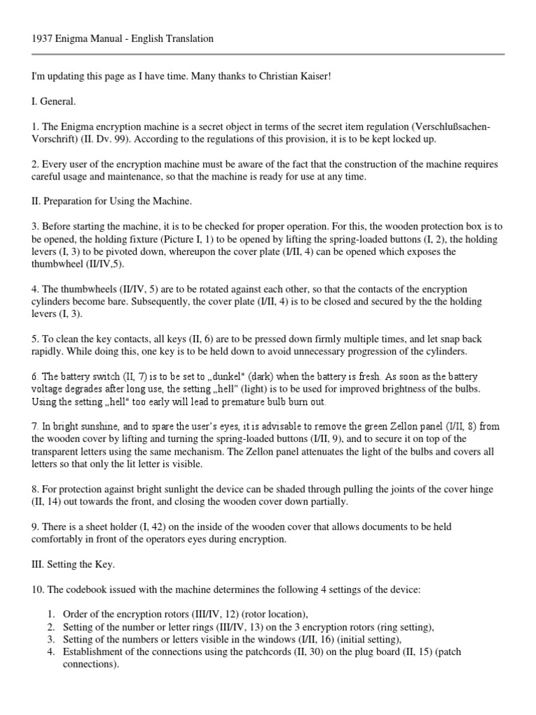 1937 Enigma Machine User Manual | PDF | Electrical Connector | Cryptography