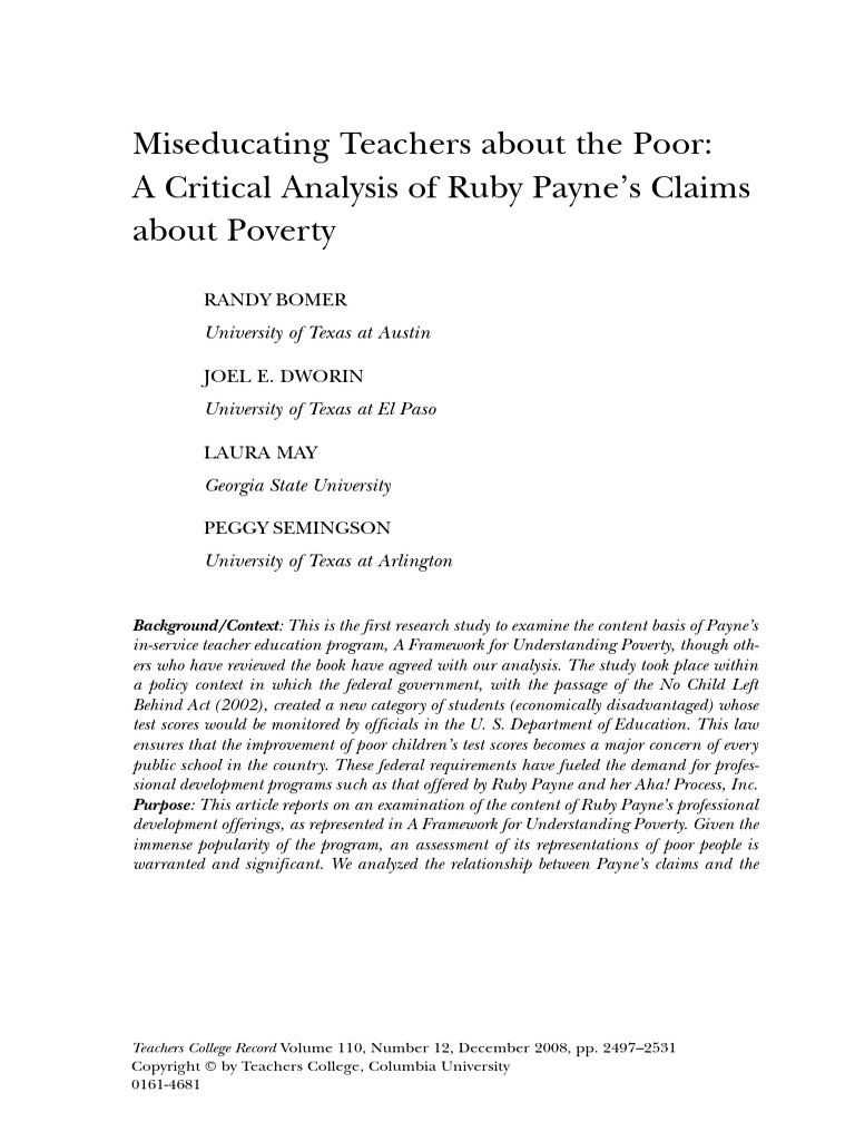Research On Ruby Payne | PDF | Poverty | Poverty & Homelessness