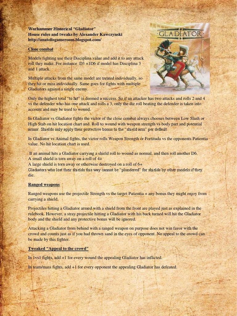 Gladiator House Rules for Warhammer | PDF | Gladiator | Shield