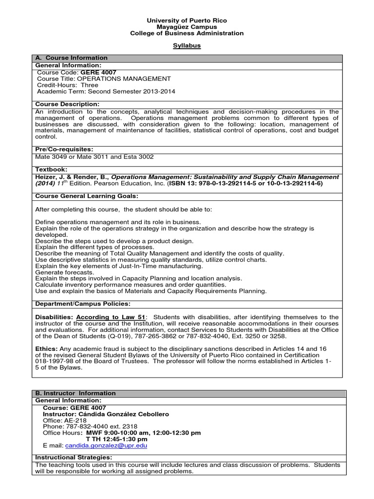 Operations Management Course Syllabus | PDF | Supply Chain | Strategic ...