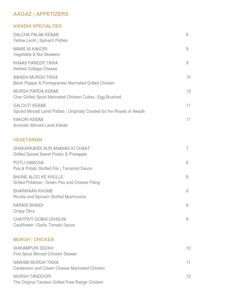 Awadh Restaurant Menu Highlights | PDF | Curry | Indian Cuisine
