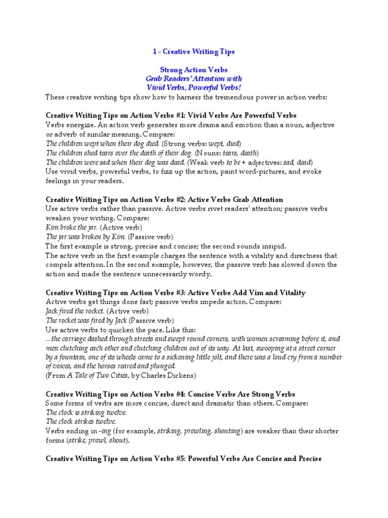 Strong Action Verbs - Creative Writing Tips | PDF | Verb | Adjective