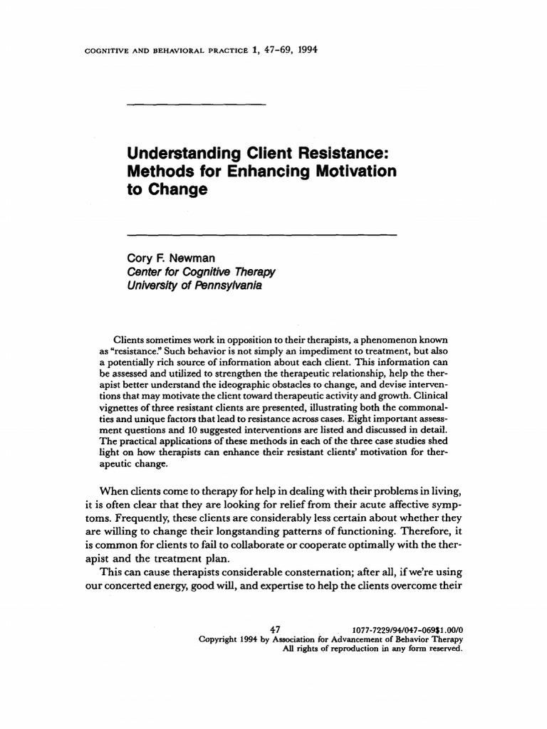 Understanding Client Resistance | PDF | Cognitive Behavioral Therapy ...