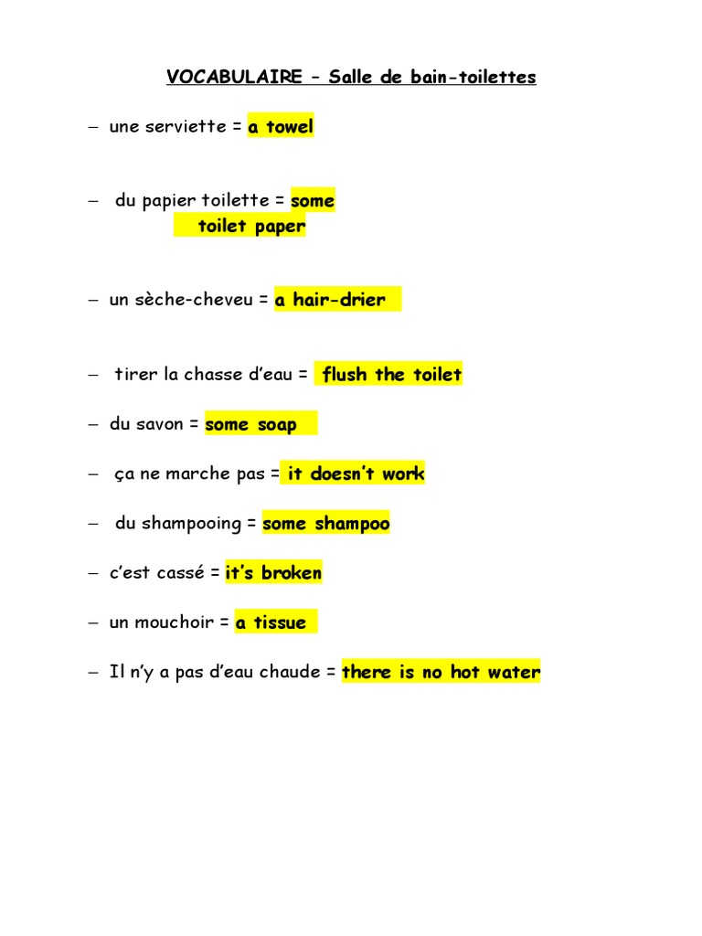 Vocabulaire Salle de Bains Toilettes | PDF