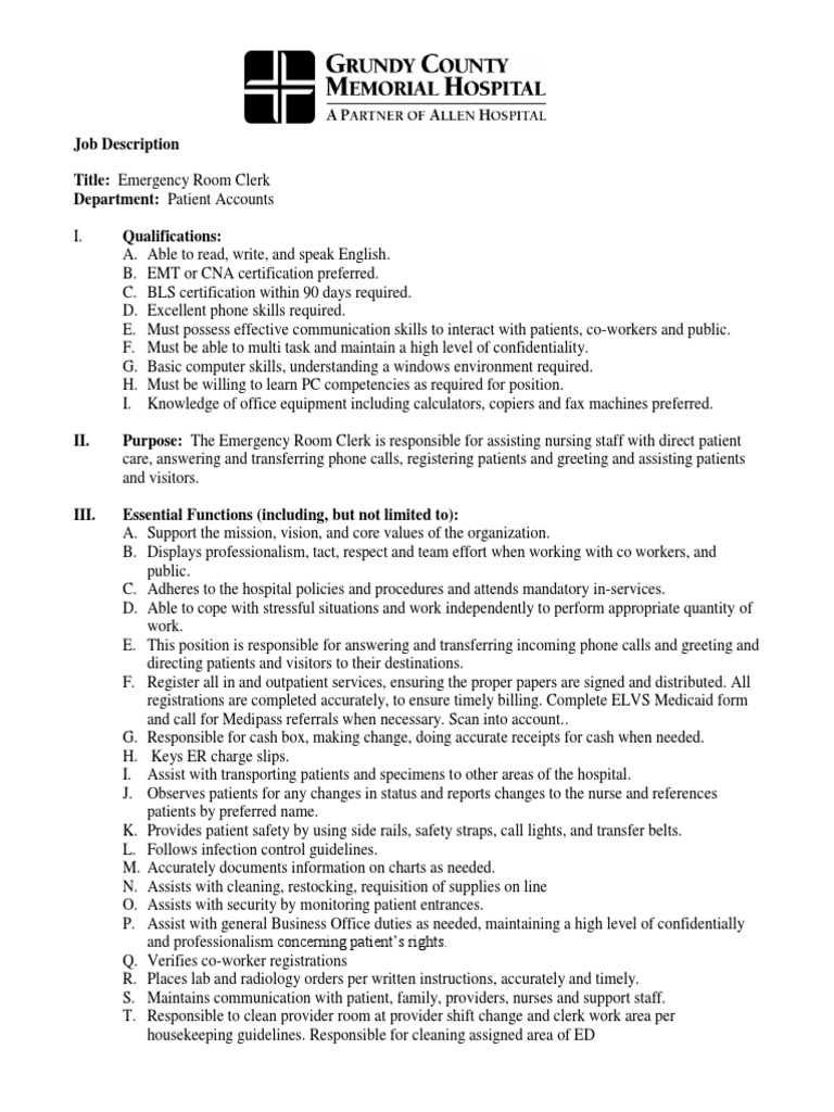 ER Clerk Job Description | Emergency Department | Patient
