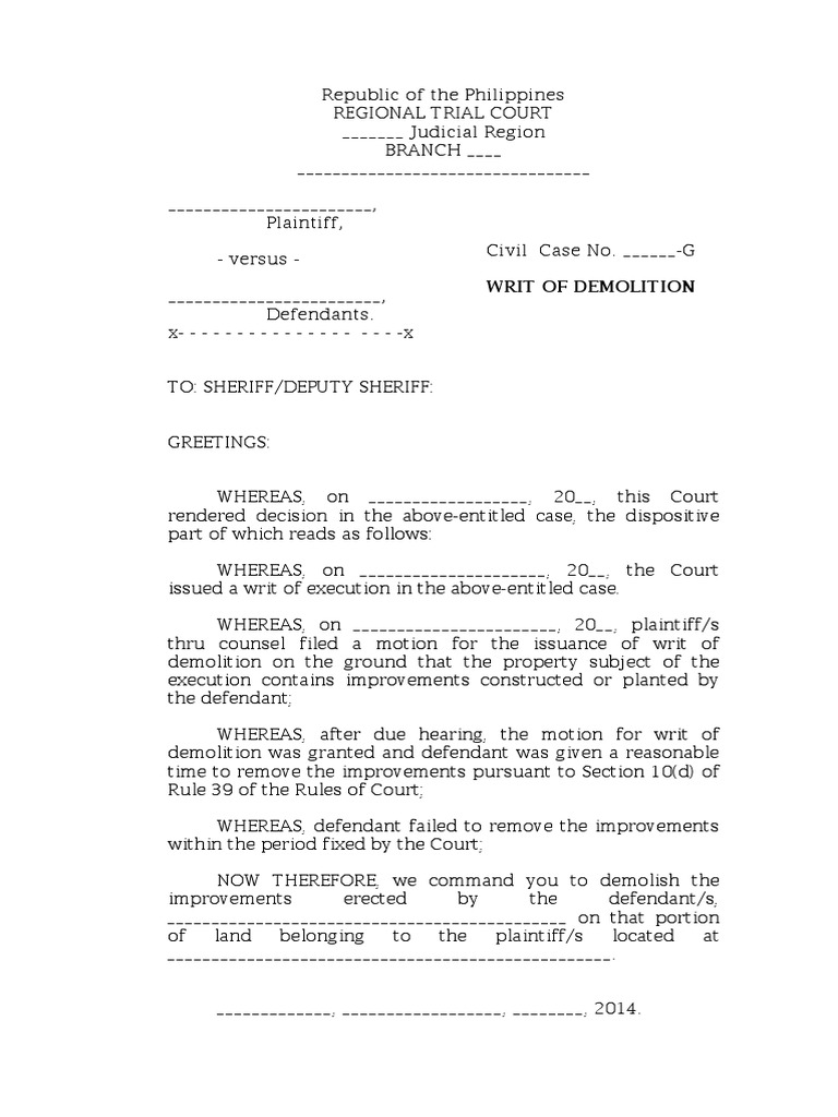 Writ of Demolition | PDF | Law | Home & Garden