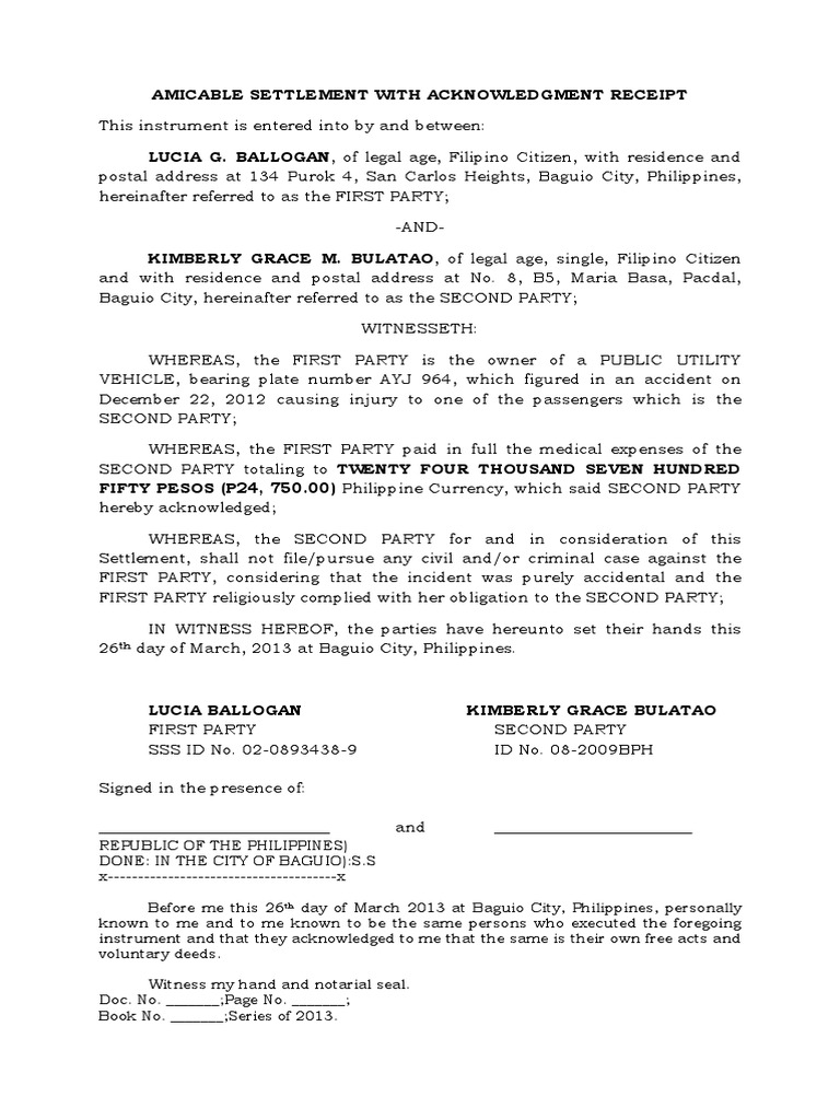 Amicable Settlement With Acknowledgment Receipt | PDF | Philippines | Government