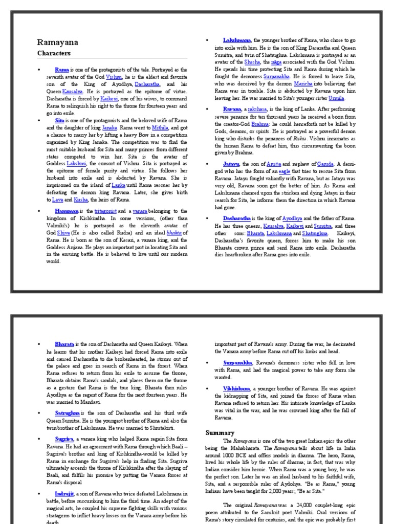 Characters and Summary of the Hindu Epic Ramayana | PDF | Hindu ...