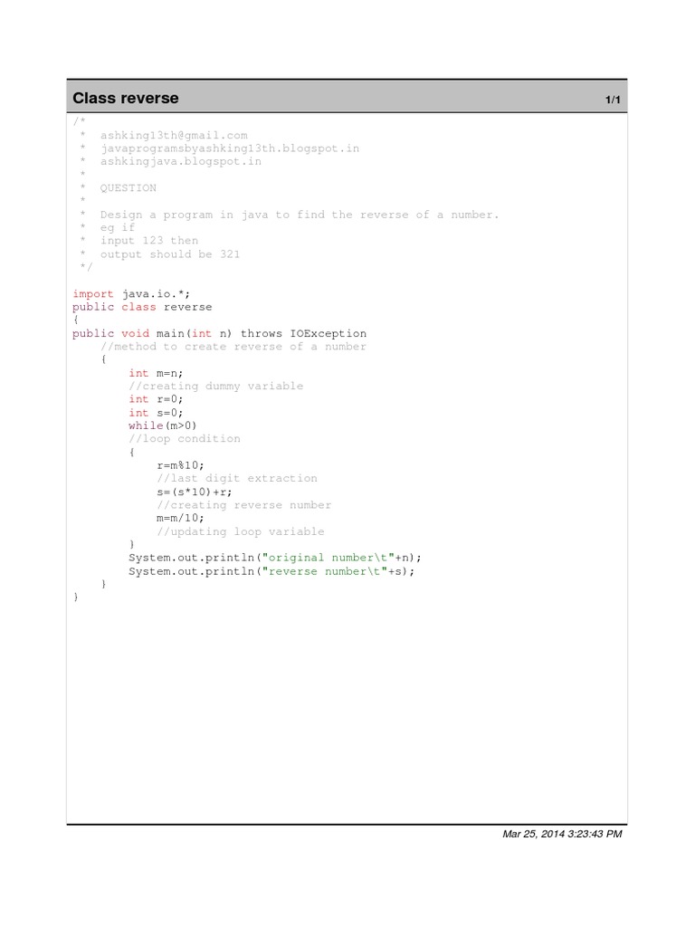 Reverse Number (JAVA PROGRAM PDF | Download Free PDF | Areas Of ...