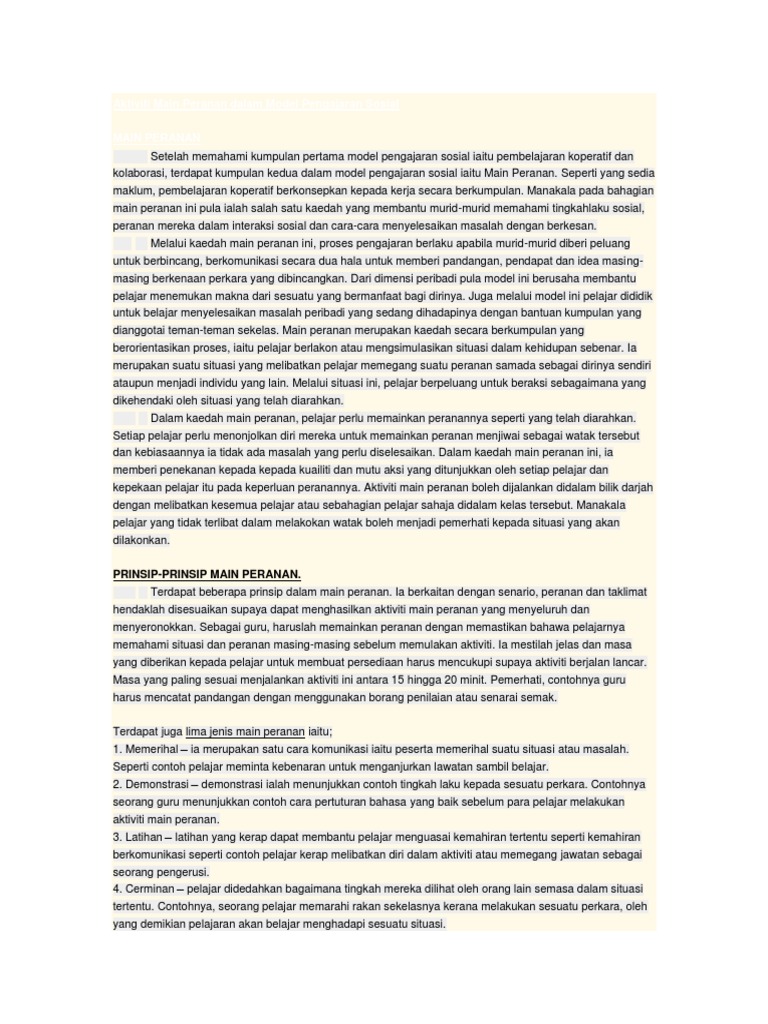 Aktiviti Main Peranan Dalam Model Pengajaran Sosial | PDF