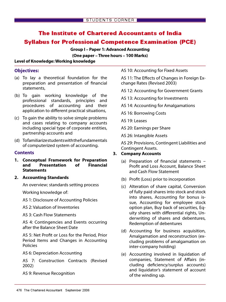 The Institute of Chartered Accountants of India Syllabus For Professional Competence Examination ...