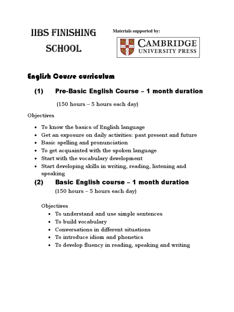 English Language Curriculum Outline for Various Course Options and ...