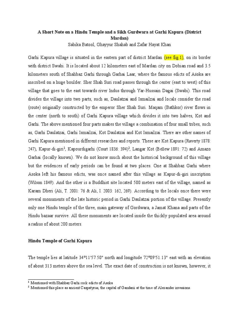 A Short Note On A Hindu Temple and A Sikh Gurdwara at Garhi Kapura ...