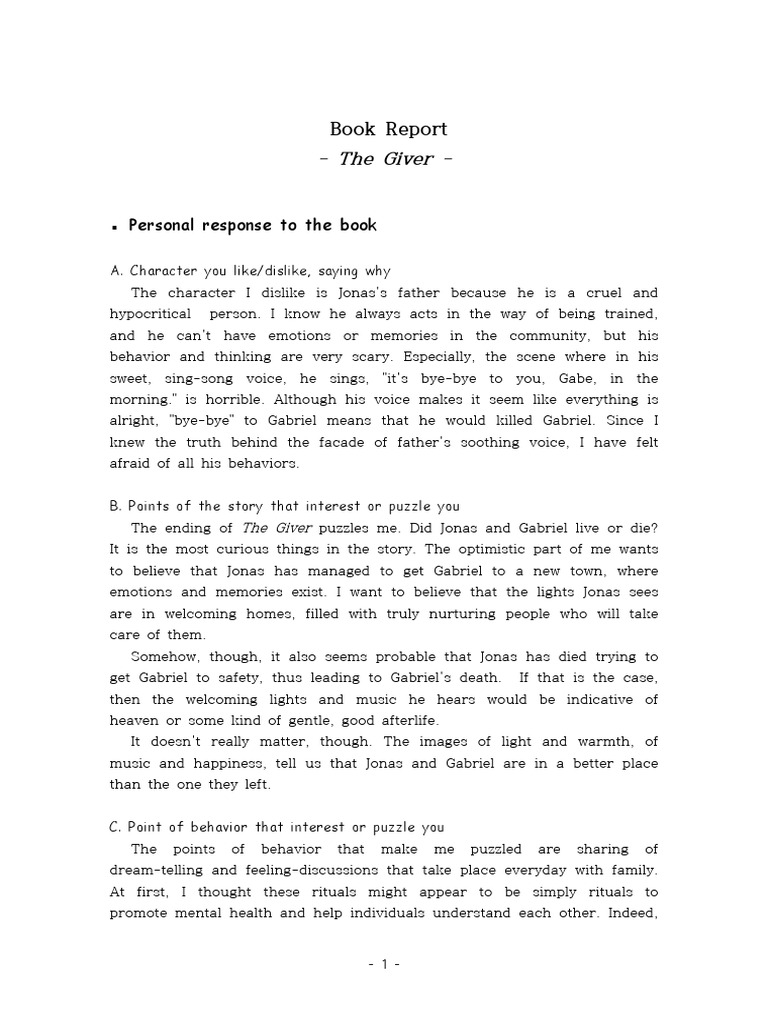 The Giver-Book Report | The Giver | Psychological Concepts