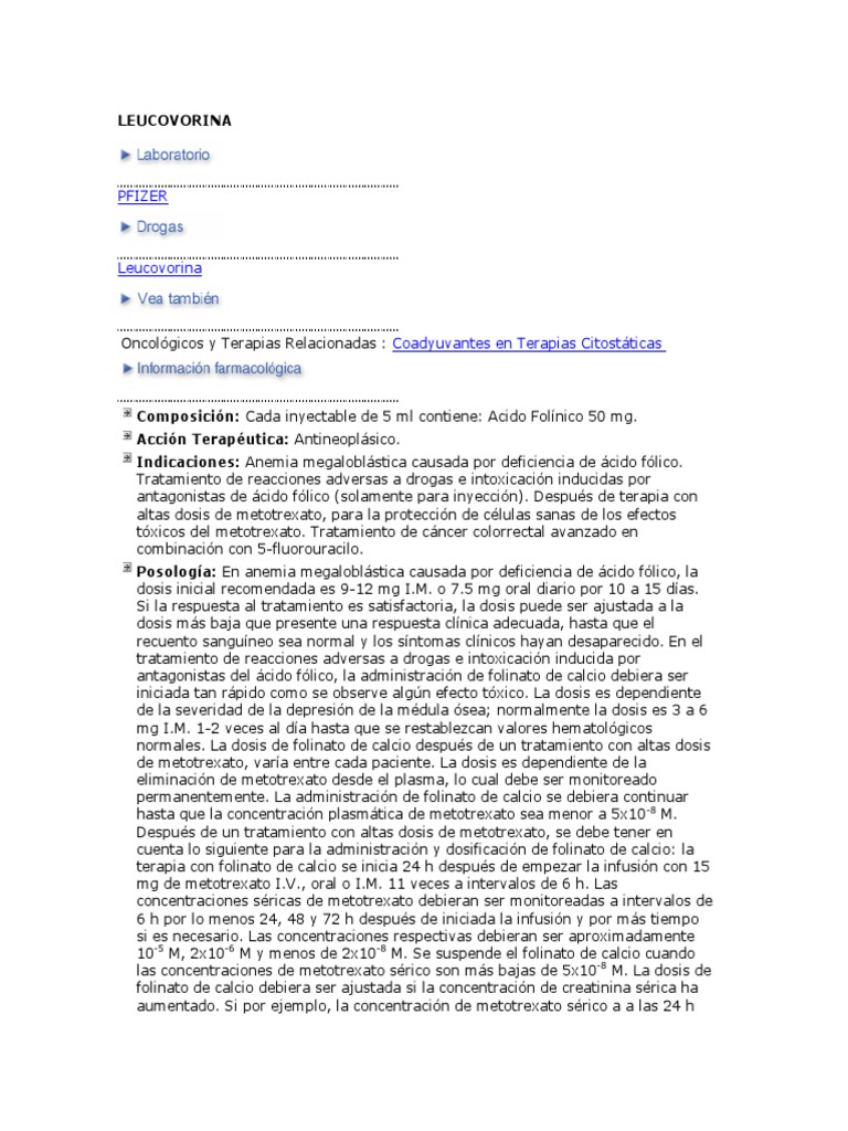 Uso y Dosis de Leucovorina 50 mg | PDF | Ácido fólico | Dieta y nutrición