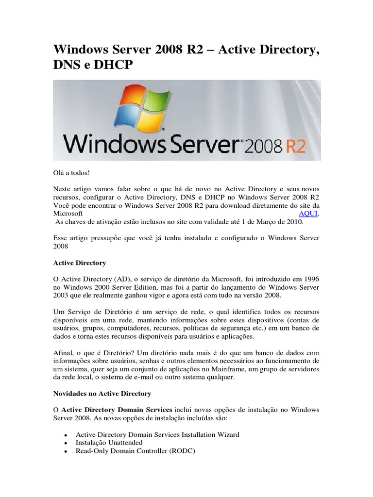 Windows Server 2008 R2 - Active Directory, DNS e DHCP PDF | PDF ...