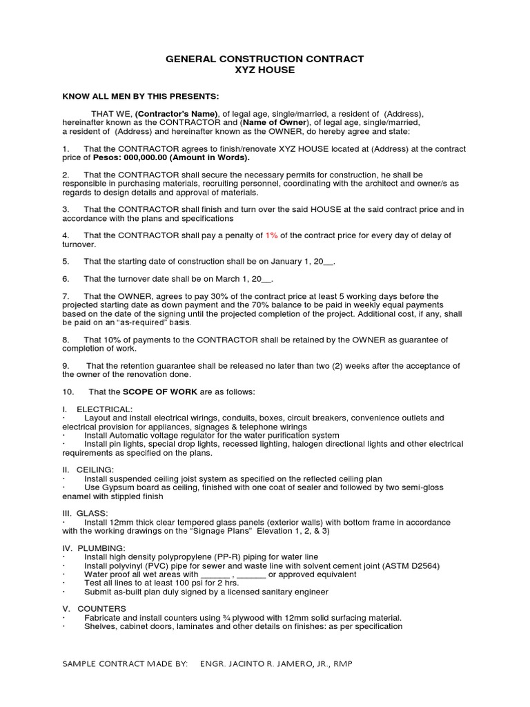 General Construction Contract Template - Engr Jamero JR | Download Free PDF | Polyvinyl Chloride ...