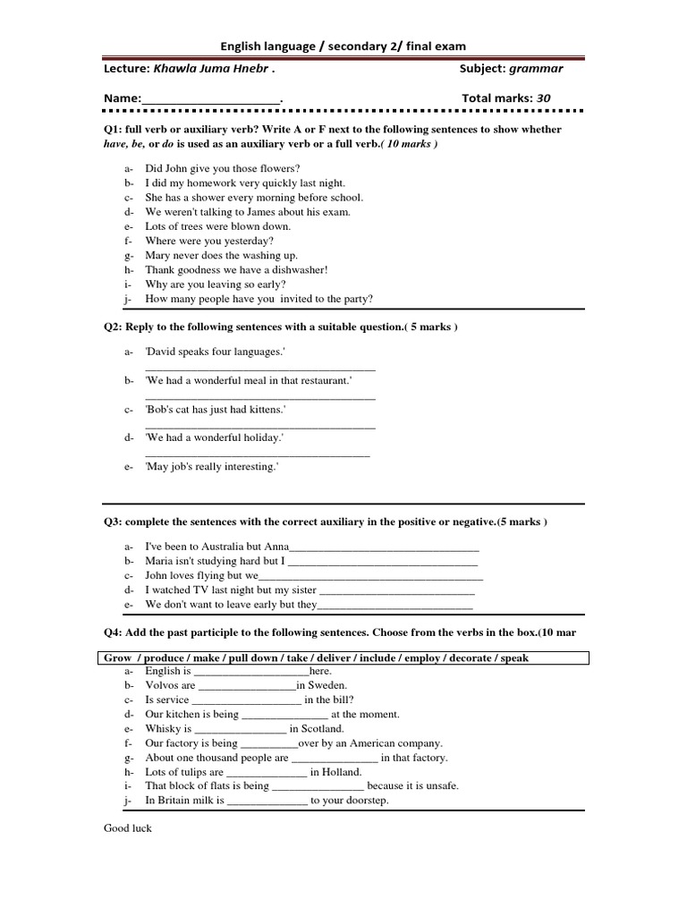 Assessment Grammar 2 | PDF | Verb | Grammar