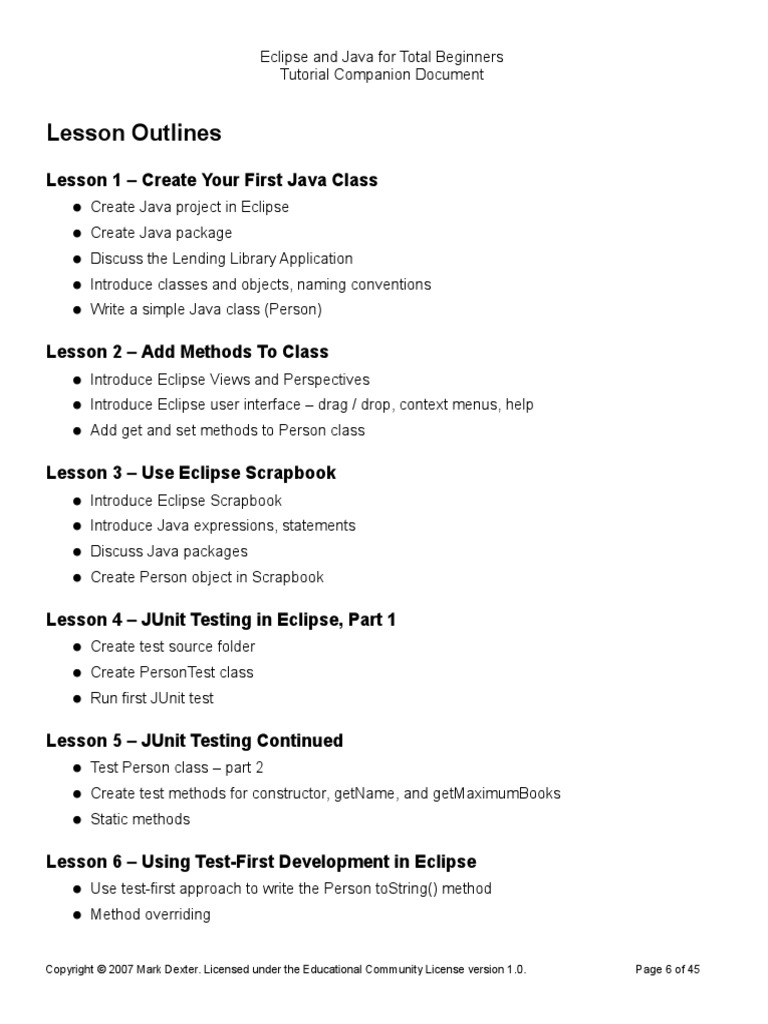 Lesson Outlines: Lesson 1 - Create Your First Java Class | PDF